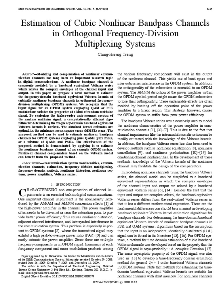 Estimation of Cubic Nonlinear Bandpass Channels in Orthogonal Frequency-Division Multiplexing ...