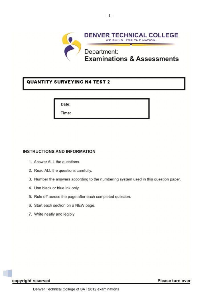 Quantit Surveying n4 Test 2 - 3rd Trimester 2012 | PDF | Surveying | Metre