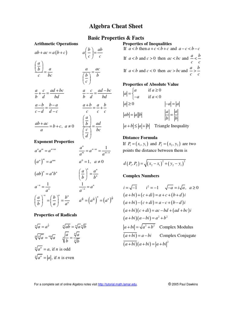 Algebra Cheat Sheet Basic Properties & Facts Arithmetic Operations ...