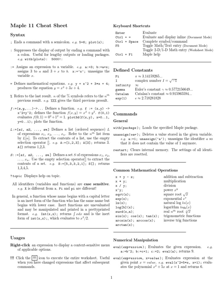 Maple 11 Cheat Sheet Syntax Ends A Command | PDF | Polynomial | Summation