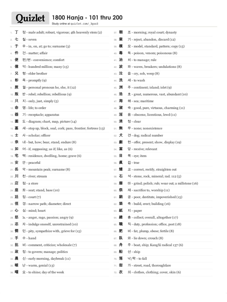 Hanja Vocabulary List 101-200 | PDF | History
