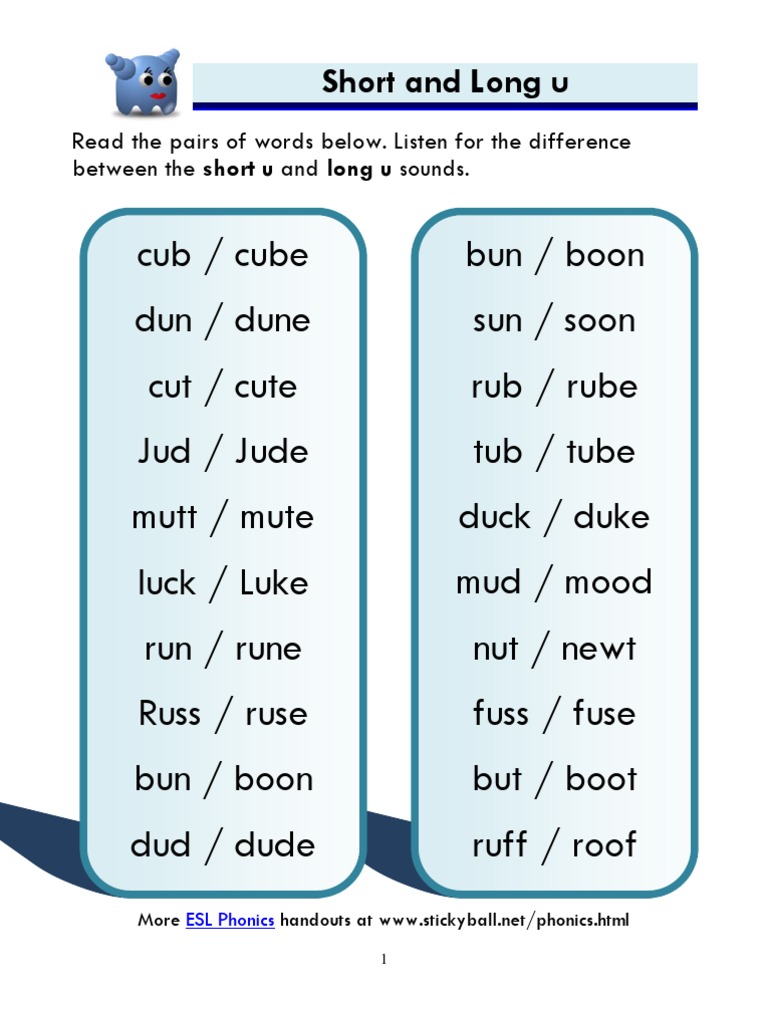English Phonics Lesson: Short and Long 'U' - Word List and Sentences ...