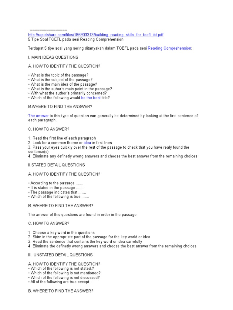 5 Questions in The Reading Comprehension TOEFL Test | PDF | Question ...