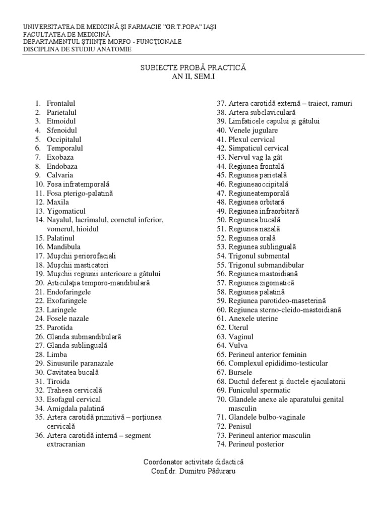 Subiecte Practic Anatomie - Sem 1 | PDF