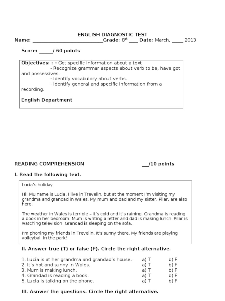 8th Grade English Diagnostic Test | PDF | Language Mechanics | Linguistics