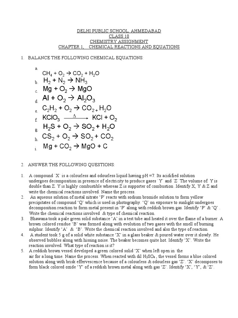 Chemistry Assignment Chapter 1 Chemical Reactions | PDF | Chemical ...