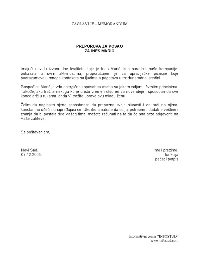 Preporuka Za Posao