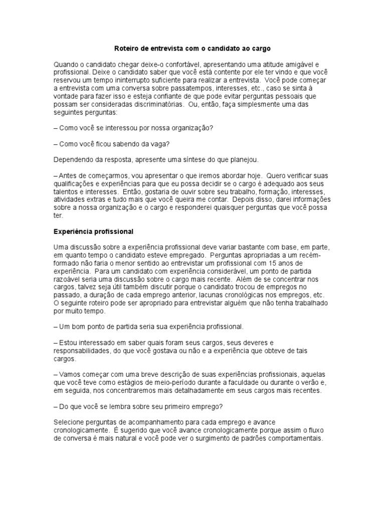 Roteiro de Entrevista 01 - modelo | Entrevista | Tempo