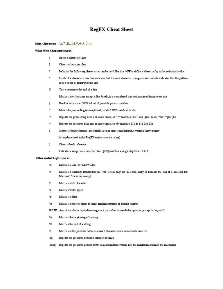 RegEX Cheat Sheet | PDF