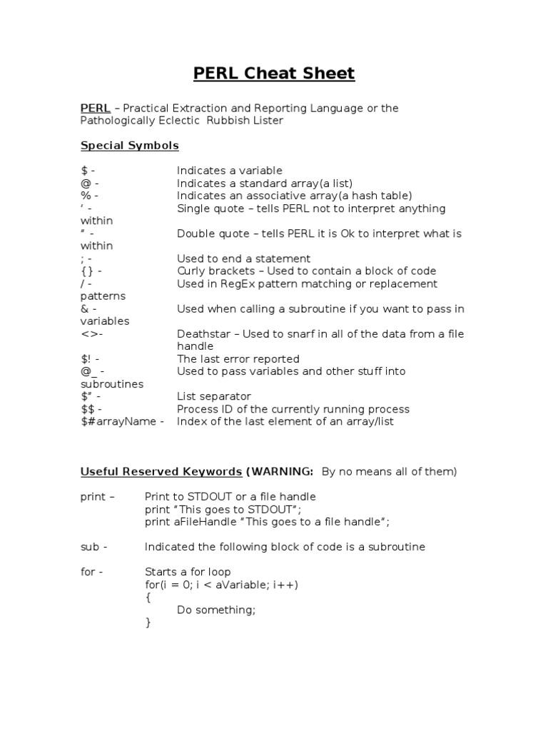PERL Cheat Sheet | Download Free PDF | Perl | Control Flow