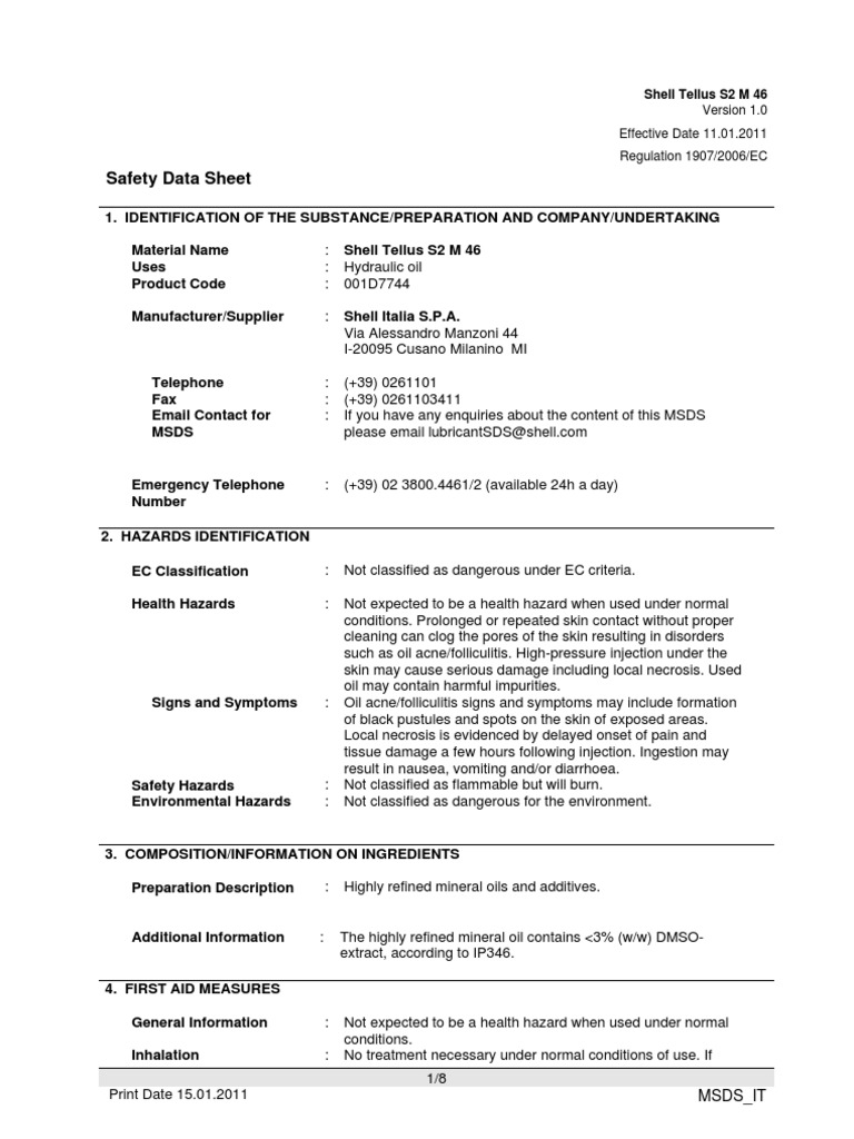 Tellus s2 M 46 Msds | PDF | Personal Protective Equipment | Toxicity