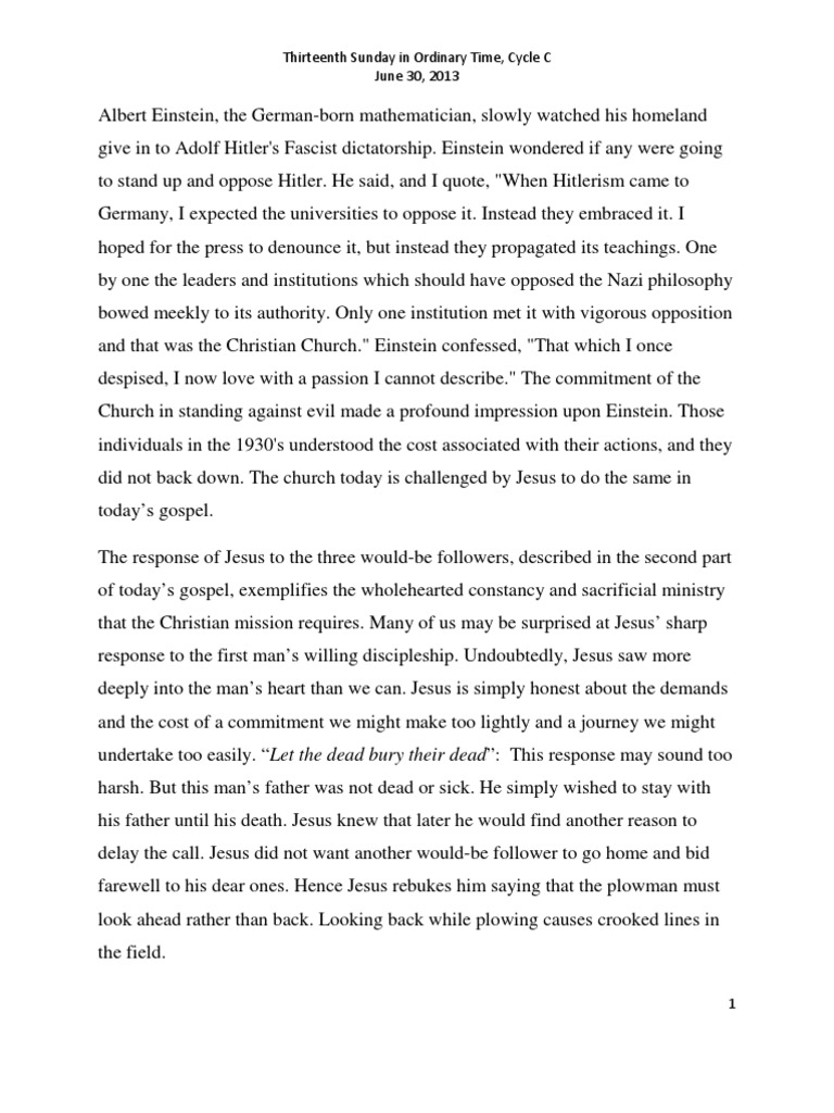 Homily for the 13th Sunday in Ordinary Time, Cycle C, June 30, 2013 ...