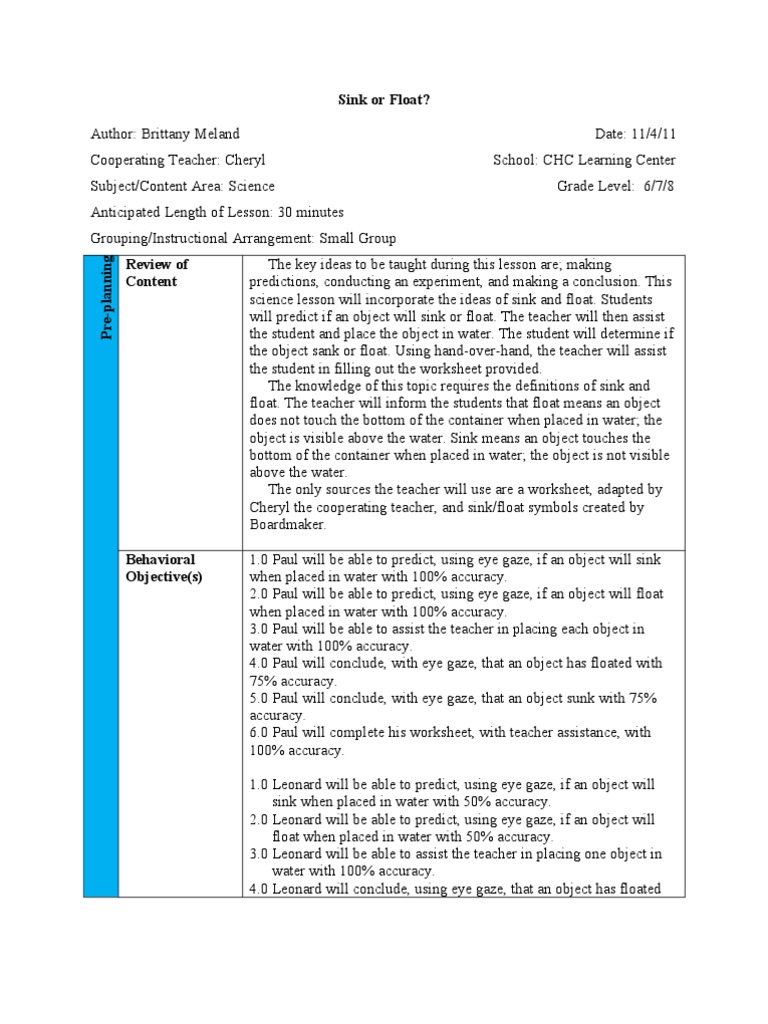 Sink or Float Lesson | PDF | Buoyancy | Density