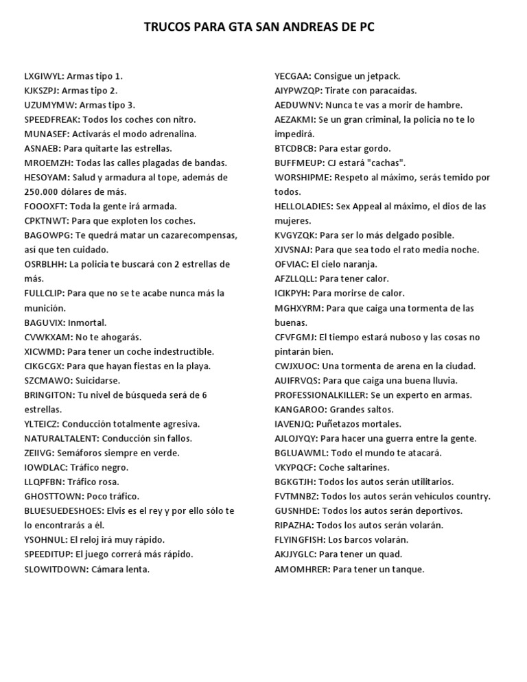 Trucos para Gta San Andreas de PC | PDF Trucos para Gta San Andreas de PC | PDF