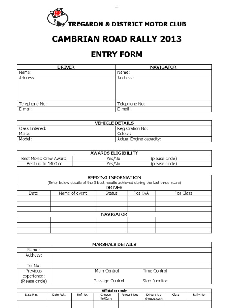 Cambrian Road Rally Entryform 2013 | PDF | Government | Social Institutions