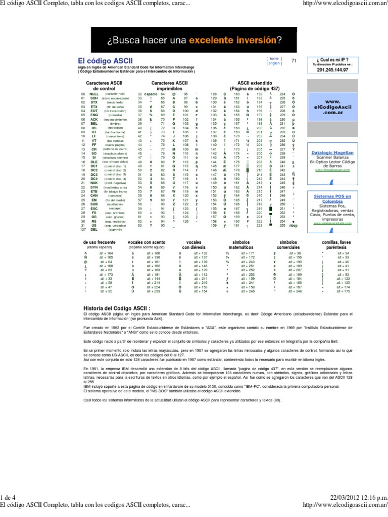 El Código ASCII Completo, Tabla Con Los Codigos ASCII Completos ...