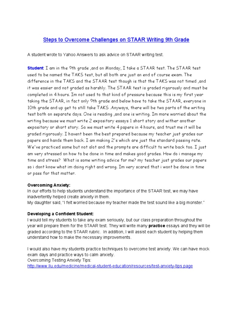 Staar Writing 9th Test Assessment Essays