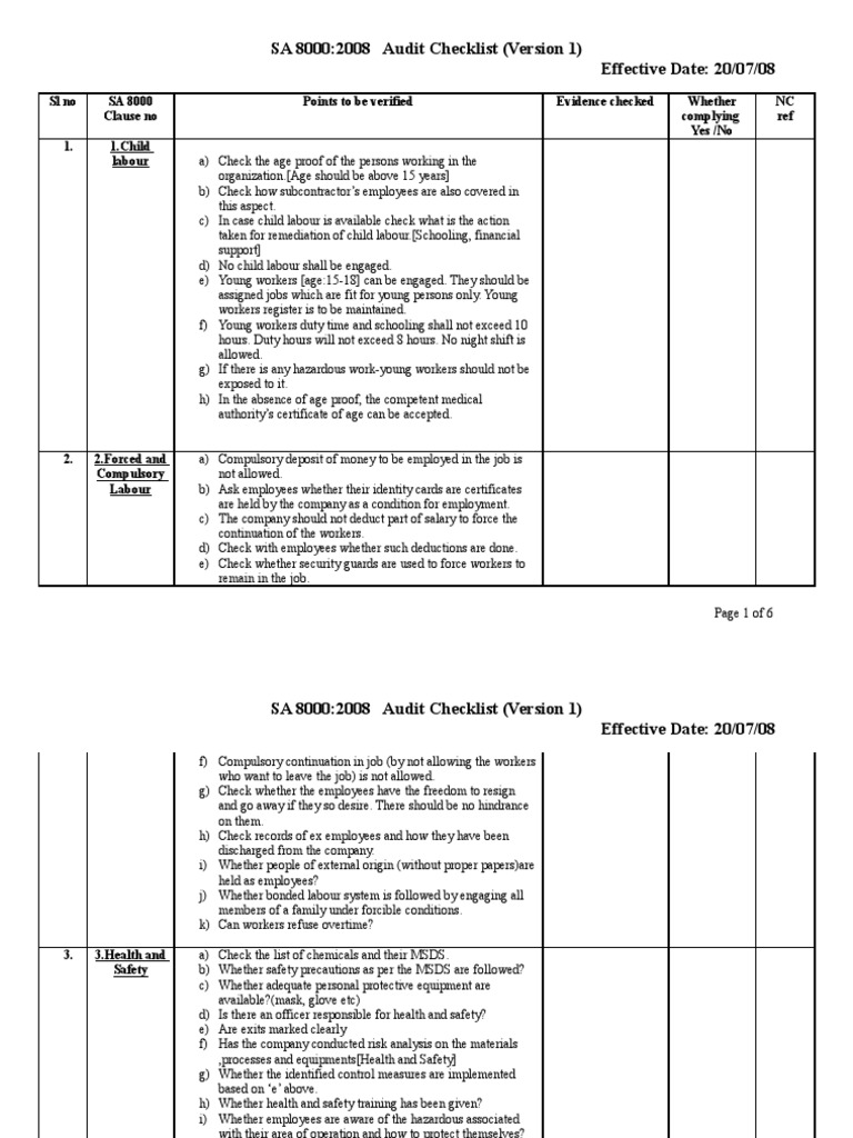 SA 8000 Audit Checklist Overview | PDF | Overtime | Working Time