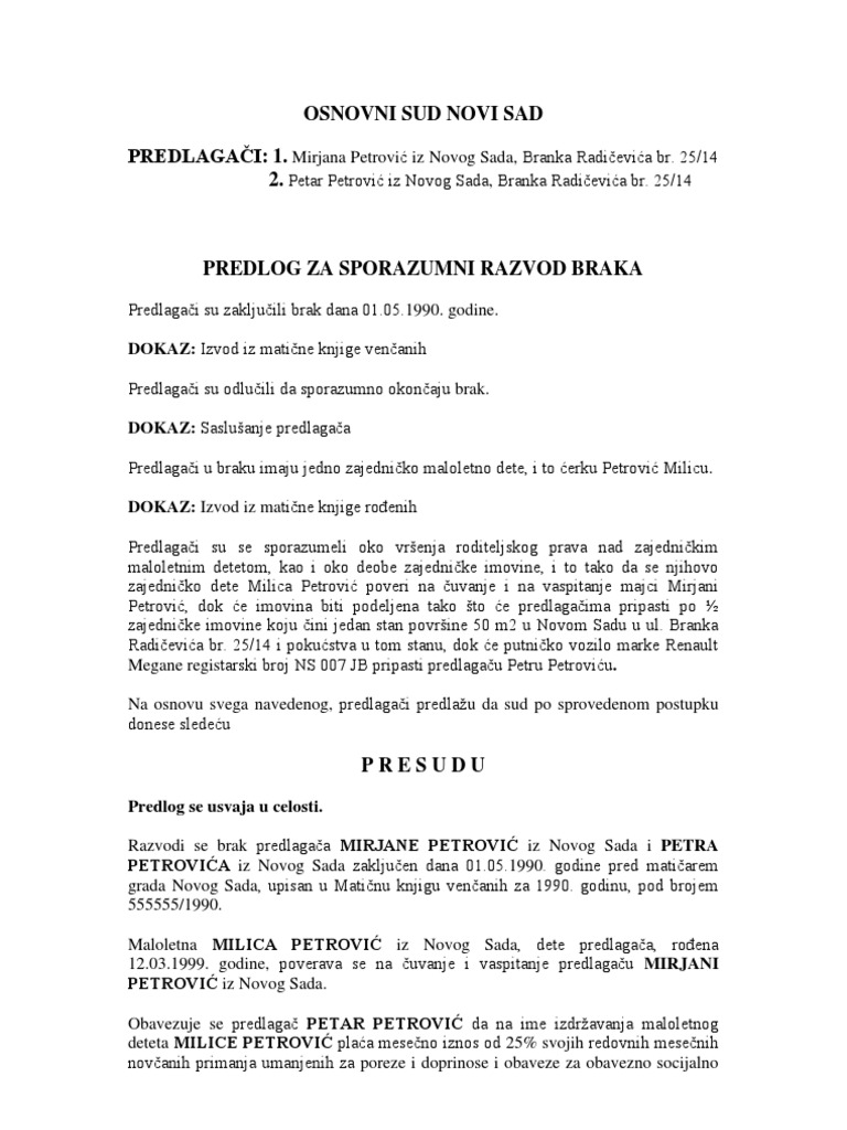 Predlog Za Sporazumni Razvod Braka