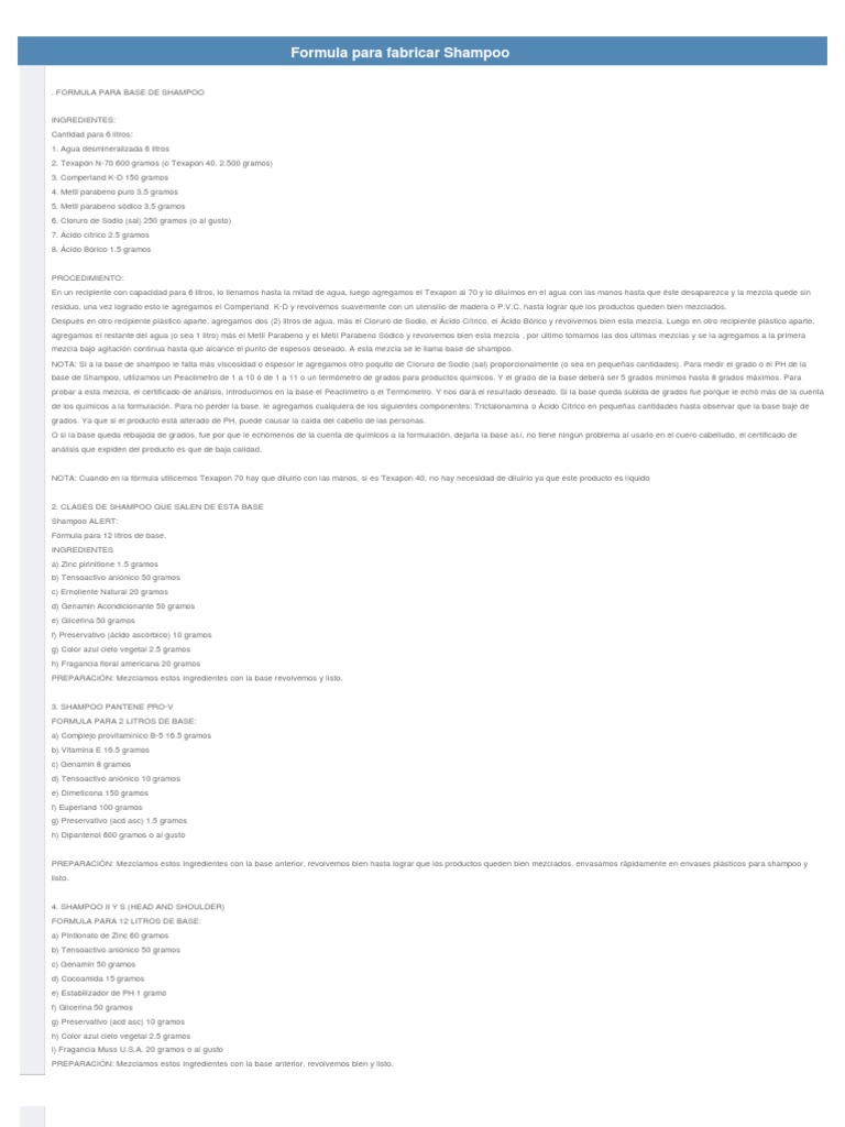 Formula para Fabricar Shampoo | PDF | Tensioactivo | sal