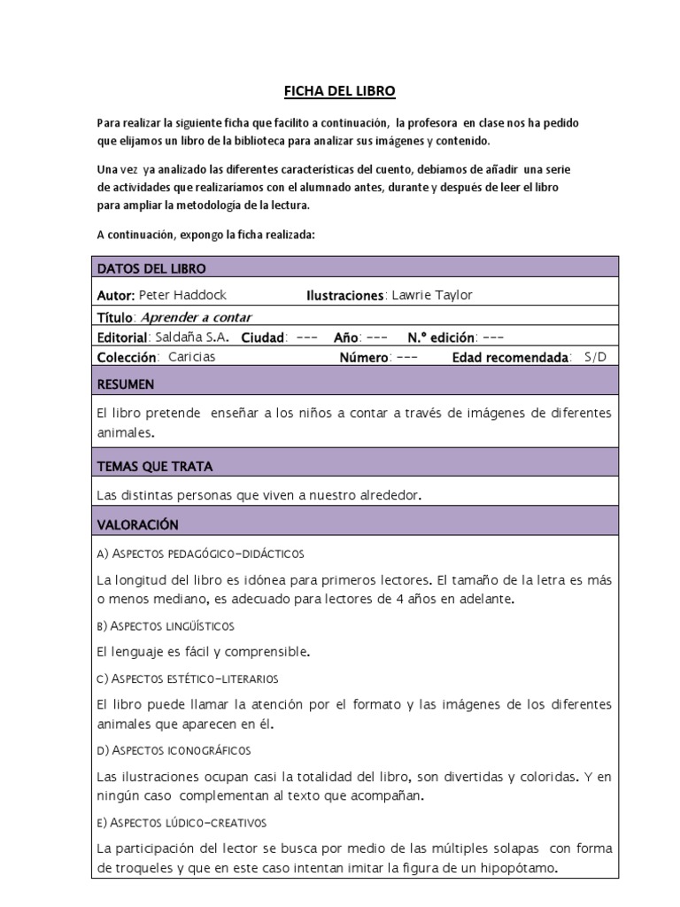 Ficha de Biblioteca Infantil: Contar | PDF | Libros | Lectura (proceso)