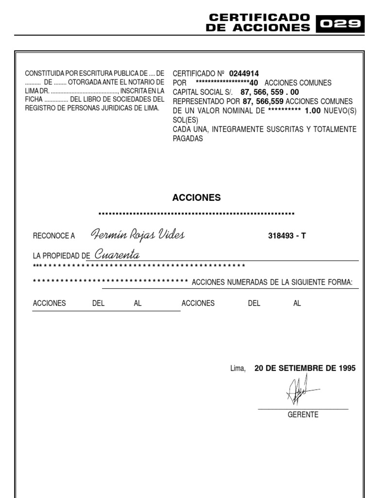 Certificado de Acciones: Modelo y Uso | PDF