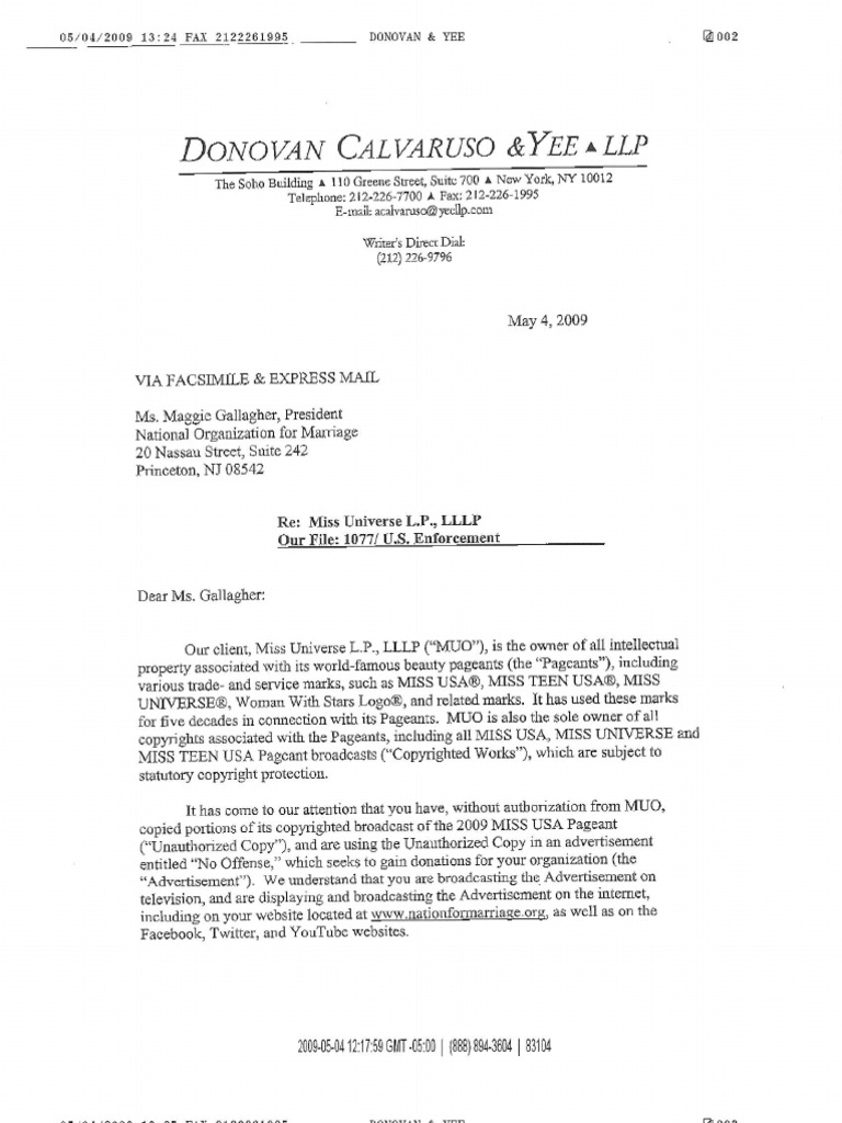Miss Universe C&D To National Organization For Marriage | PDF