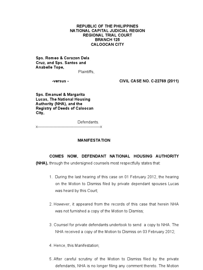 Manifestation (Sps. Dela Cruz) | PDF | Motion In United States Law ...