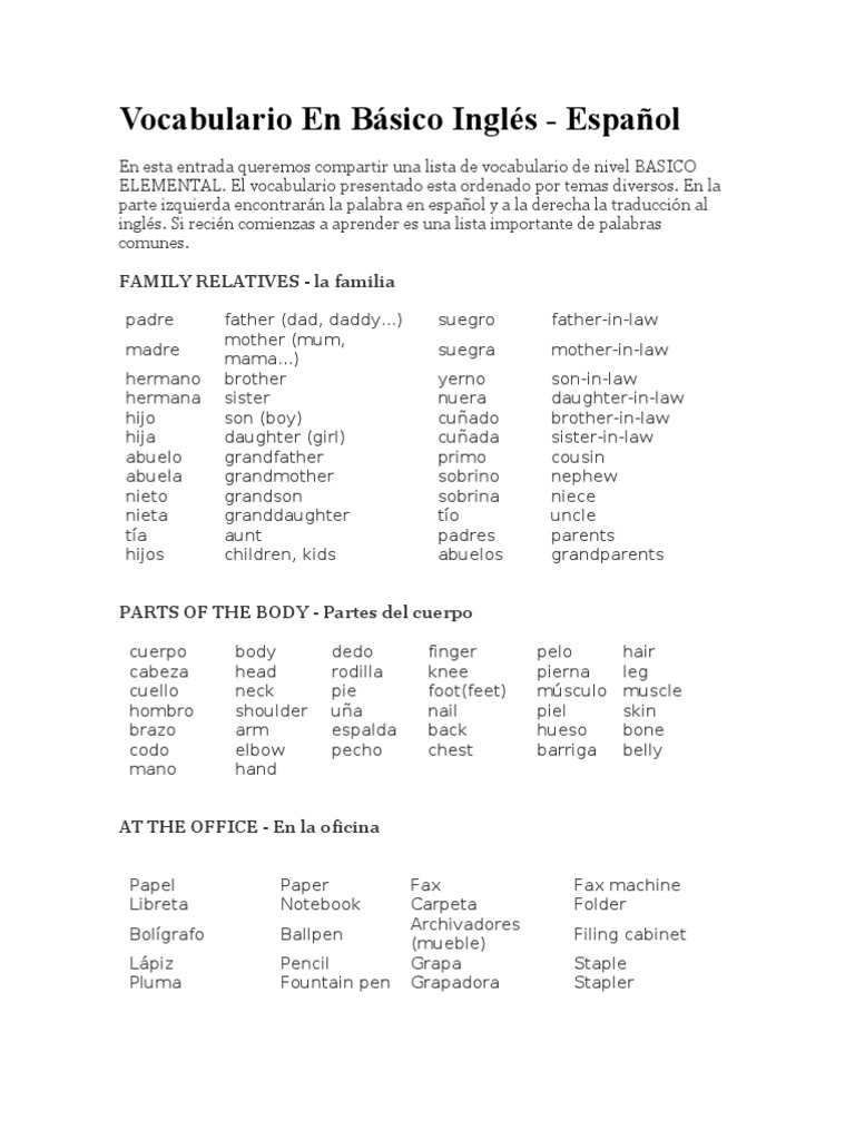 Vocabulario en Básico Inglés | PDF | Ocio | Naturaleza