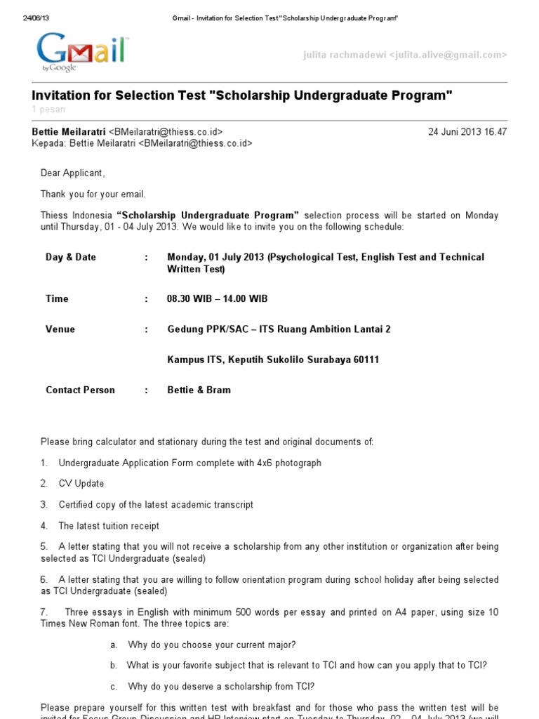 Gmail - Invitation For Selection Test - Scholarship Undergraduate ...