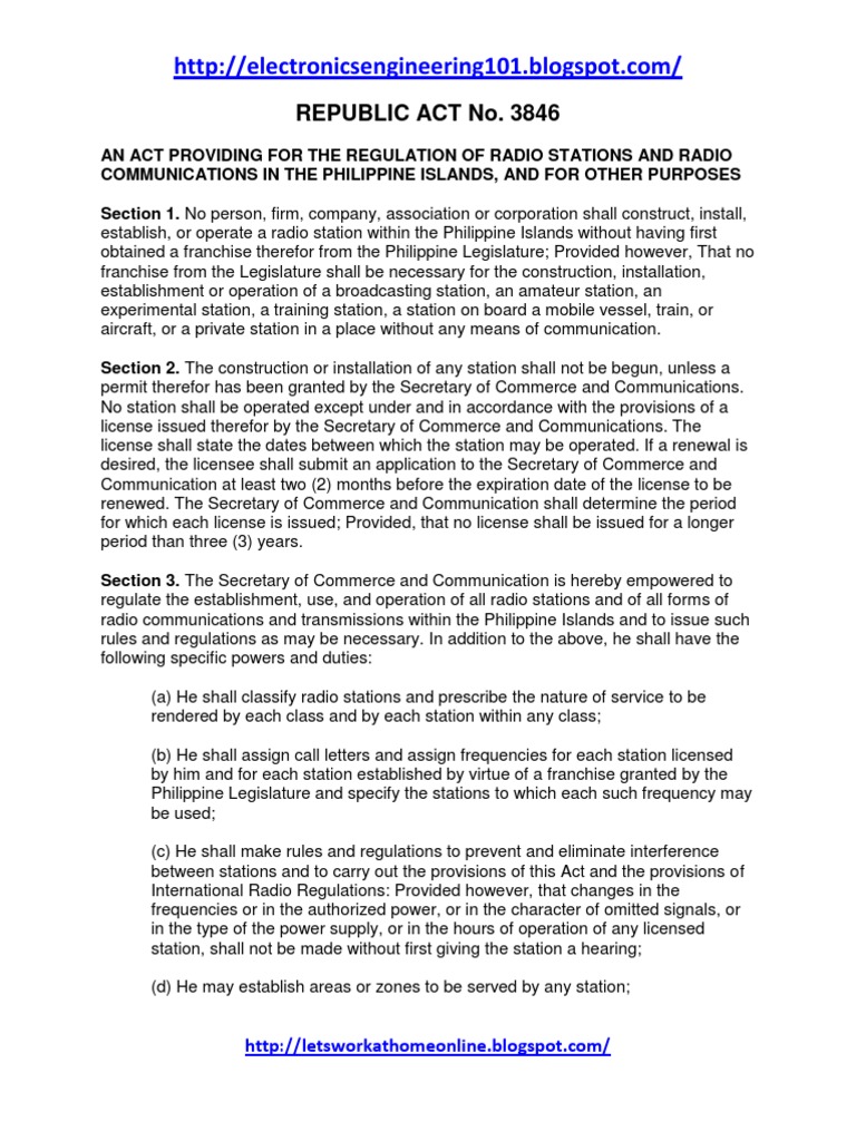 Republic Act No 3846 | PDF | Radio | License