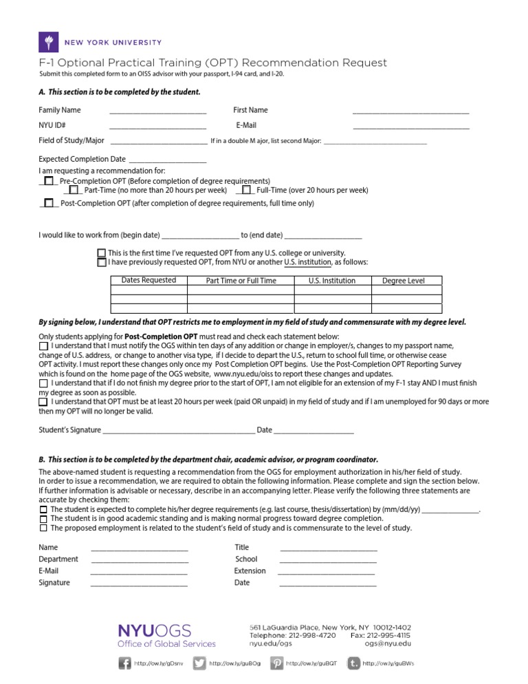 F-1 Optional Practical Training (OPT) Recommendation Request | PDF | Thesis