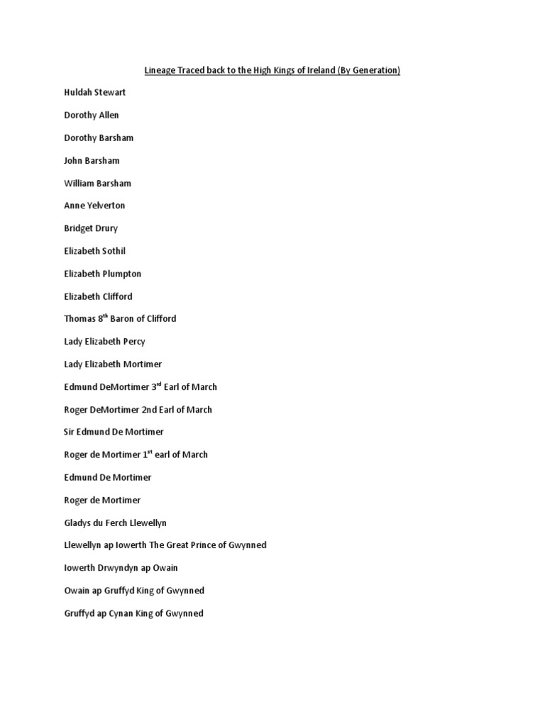 Irish Royal Lineage Chart | PDF | Monarch | Celtic Mythology