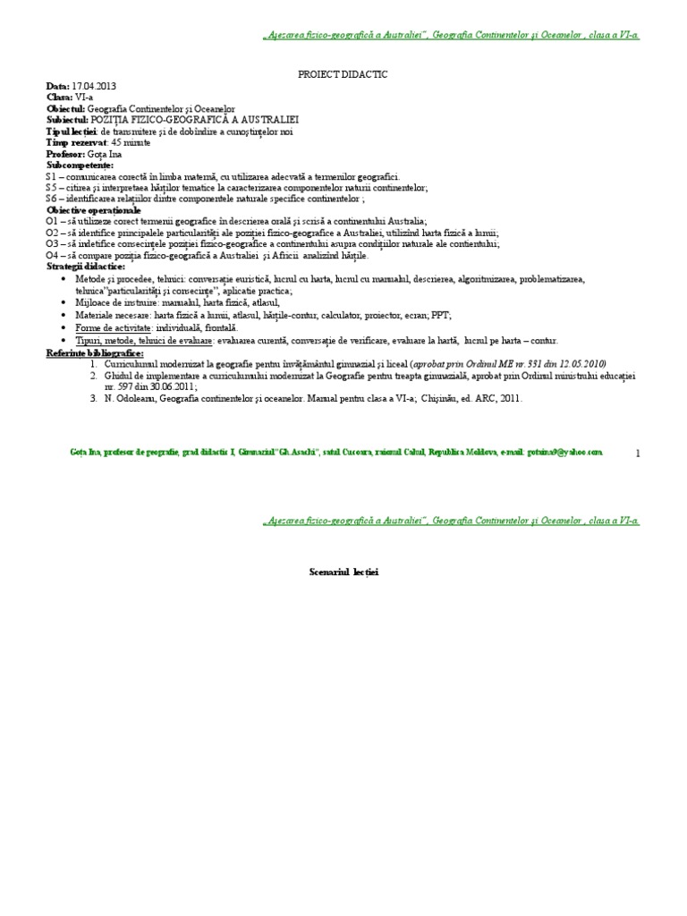 Proiect de Lectie Geografie CL 6 AFG Australia | PDF