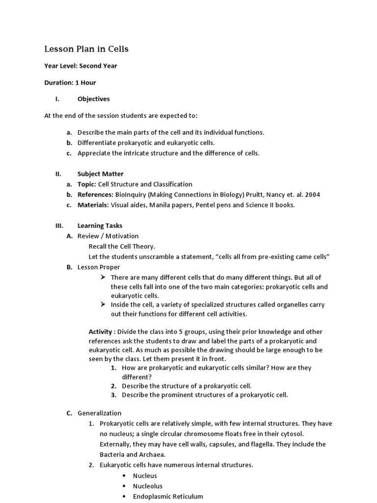 Lesson Plan in Cells (Demo) | PDF | Eukaryotes | Cell (Biology)