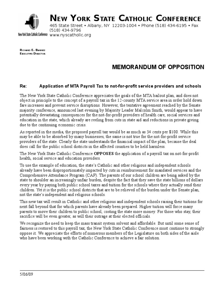 2009-05-04 Legislative Memo Re Mta Tax | PDF | Payroll | Taxes