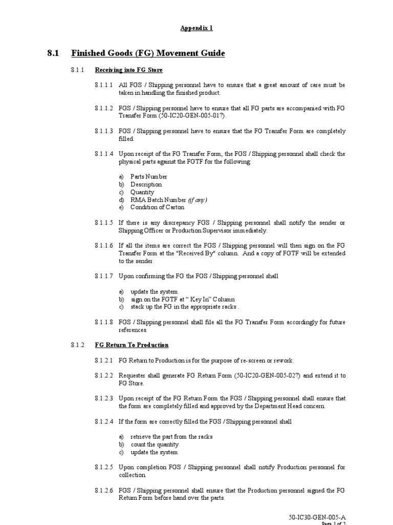 8.1 Finished Goods (FG) Movement Guide: Appendix 1 | PDF | Receipt ...