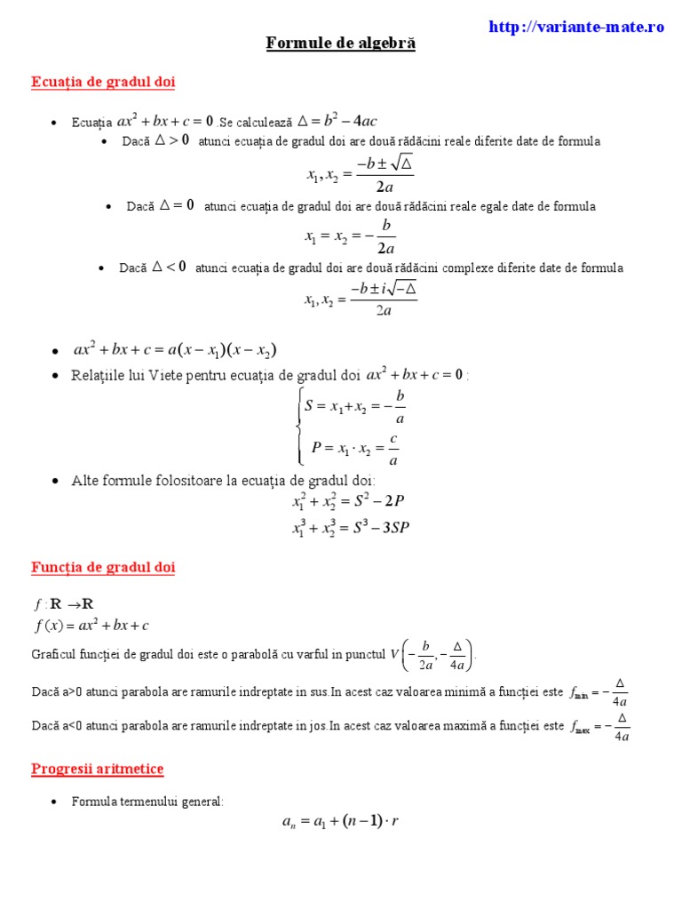 Formule Matematica Bacalaureat BAC - Algebra | PDF