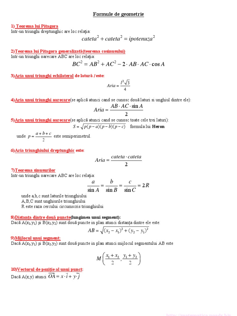 Formule Matematica Bacalaureat BAC - Geometrie | PDF