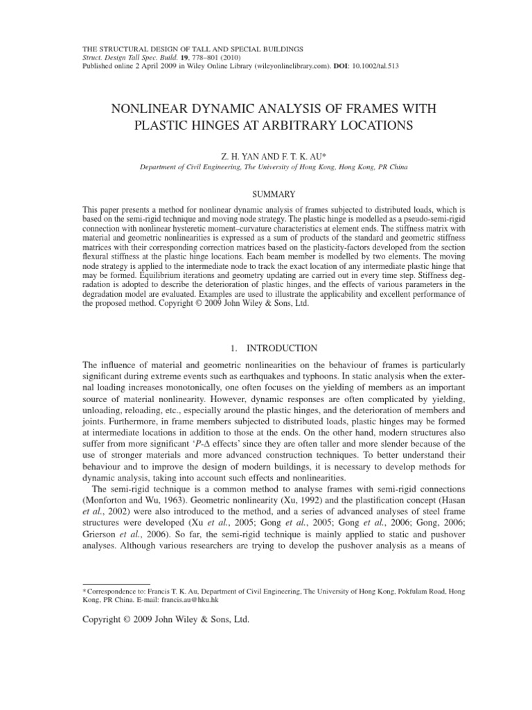 Nonlinear Dynamic Analysis Of Frames With Plastic Hinges Pdf Bending Force