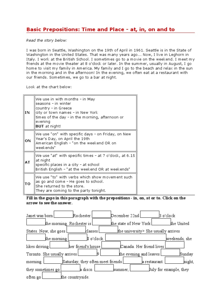 Prepositions At, On, in | PDF | Preposition And Postposition | Syntax