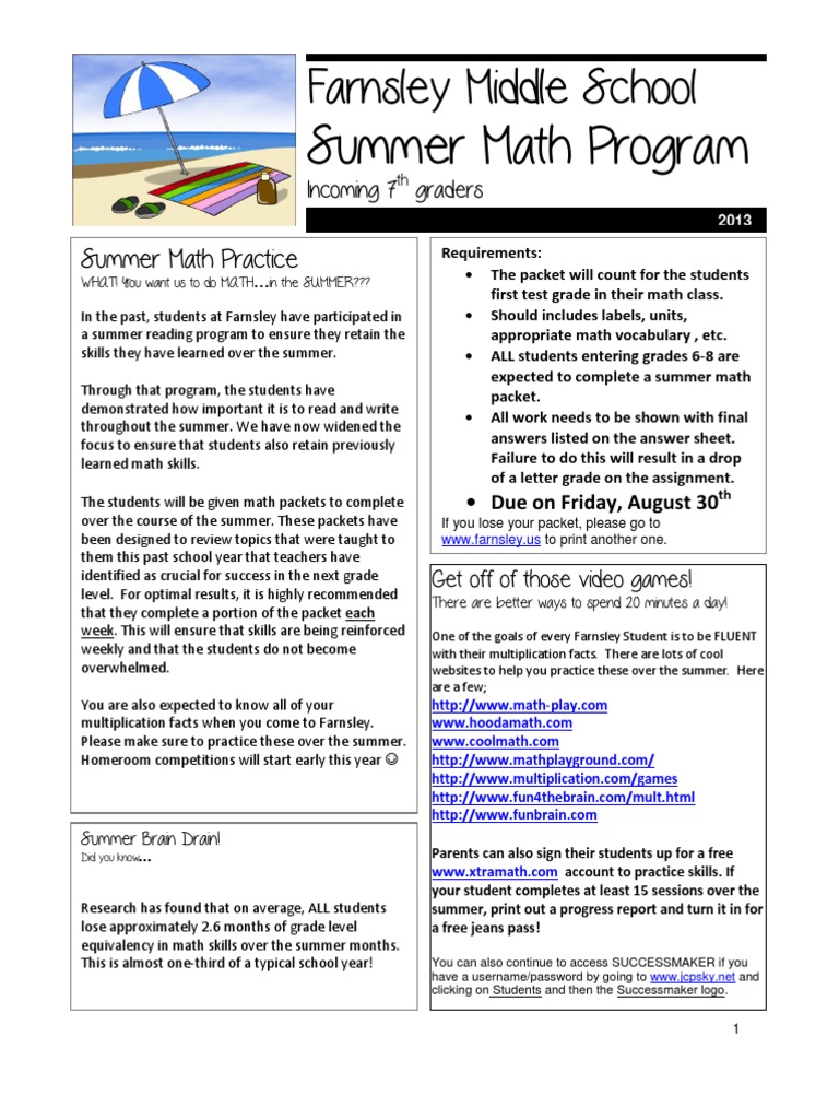 2013 Incoming 7th Grade Summer Math Packet | PDF | Numbers | Fraction ...
