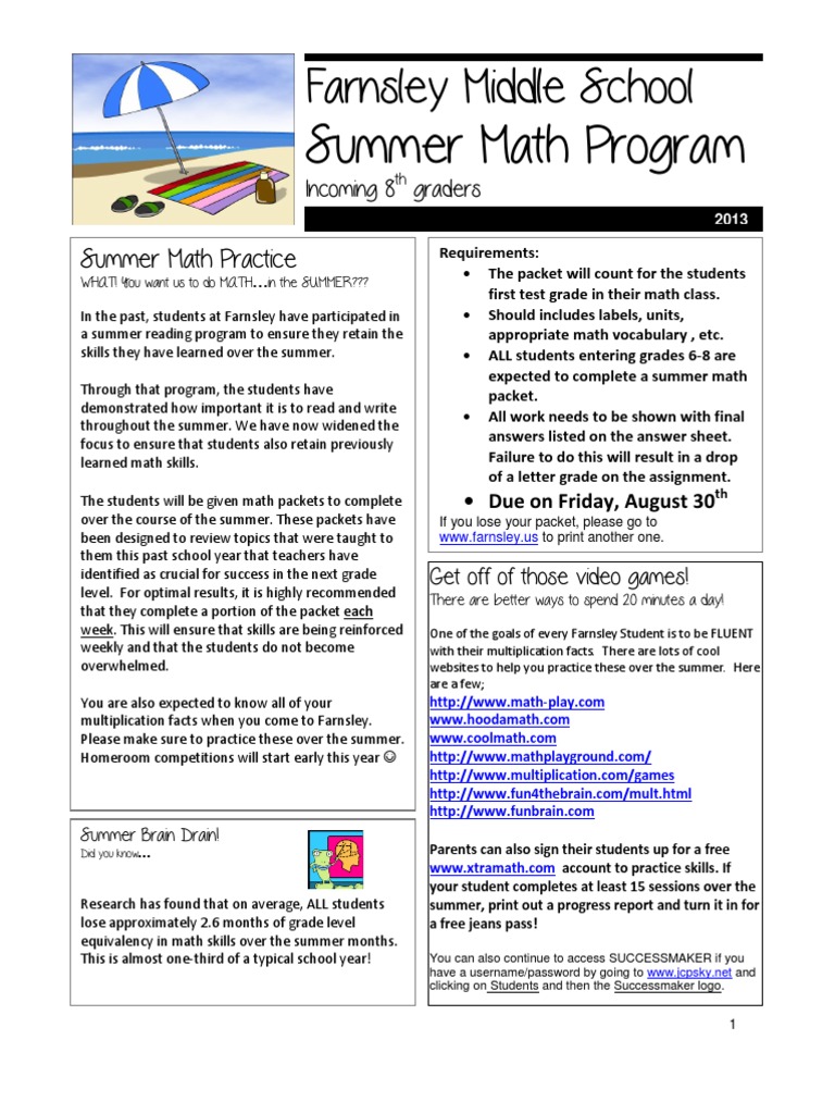 2013 Incoming 8th Grade Summer Math Packet | Download Free PDF | Area ...