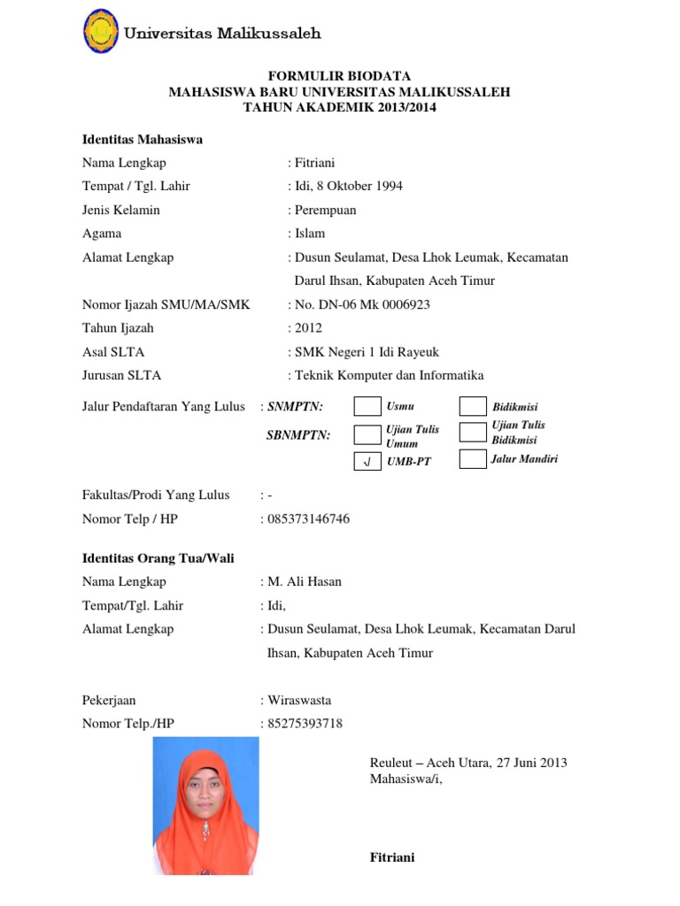 Formulir Biodata Mahasiswa Baru | PDF