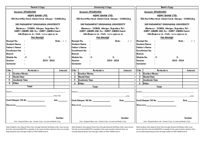 HDFC Challan | Fee | Banks