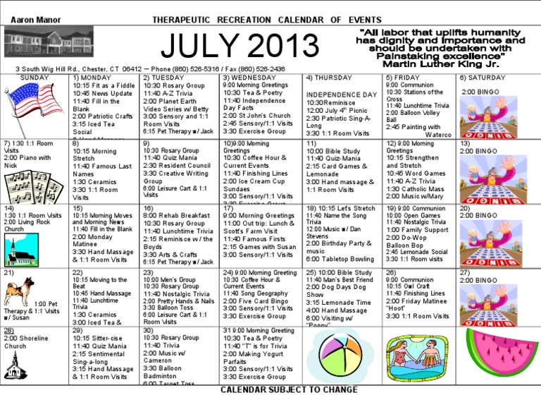 July 2013 Therapeutic Recreation Calendar | PDF | Leisure