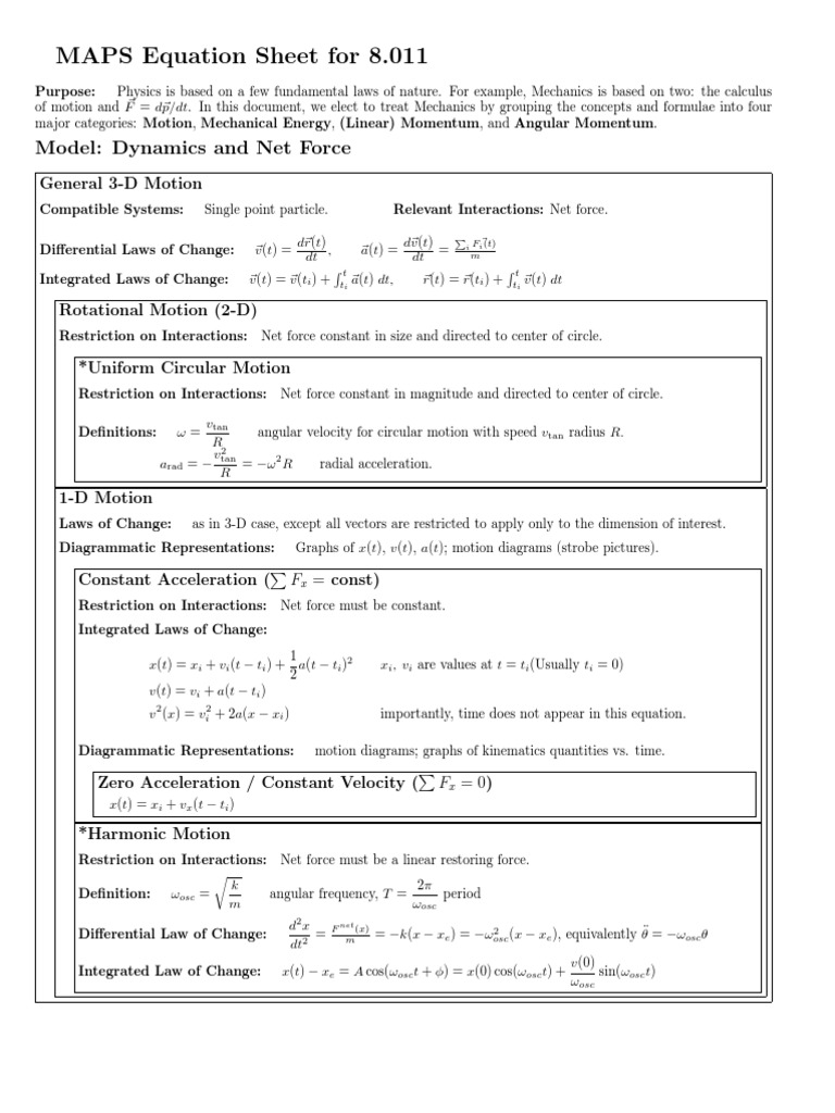 MAPS Equation Sheet For 8.011: Model: Dynamics and Net Force | PDF