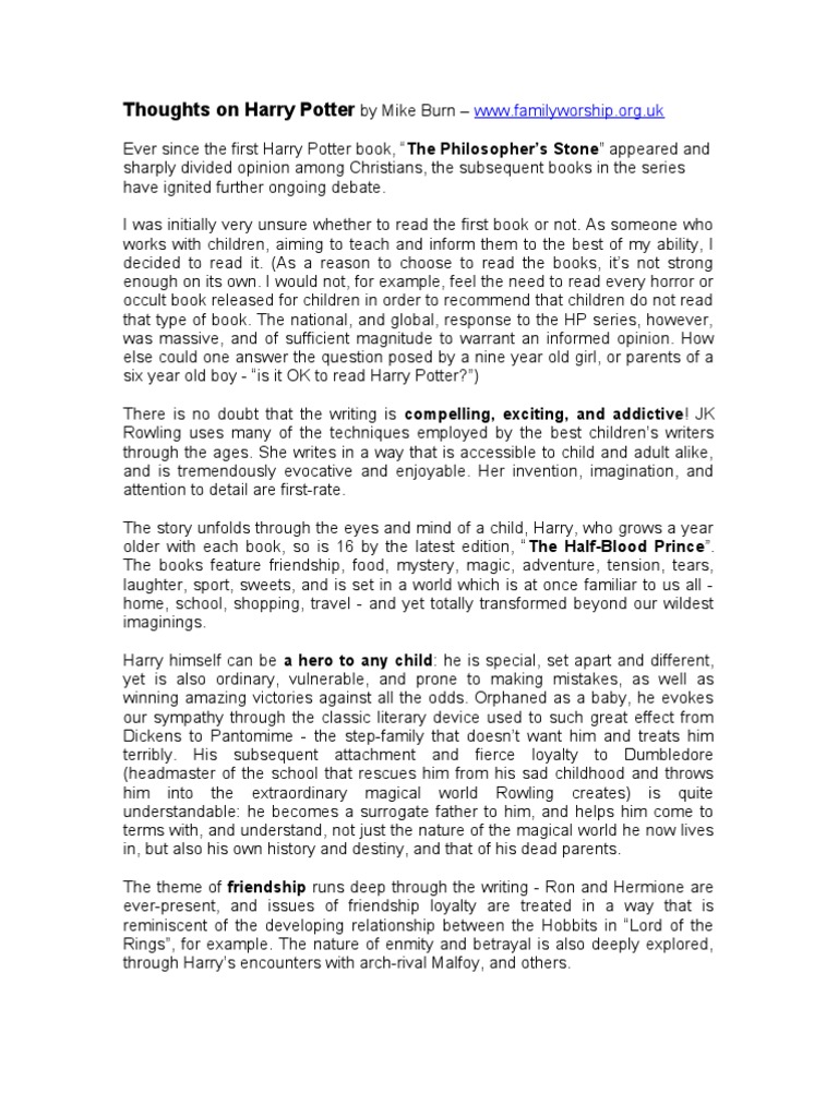 Thoughts On Harry Potter: by Mike Burn | PDF | Harry Potter