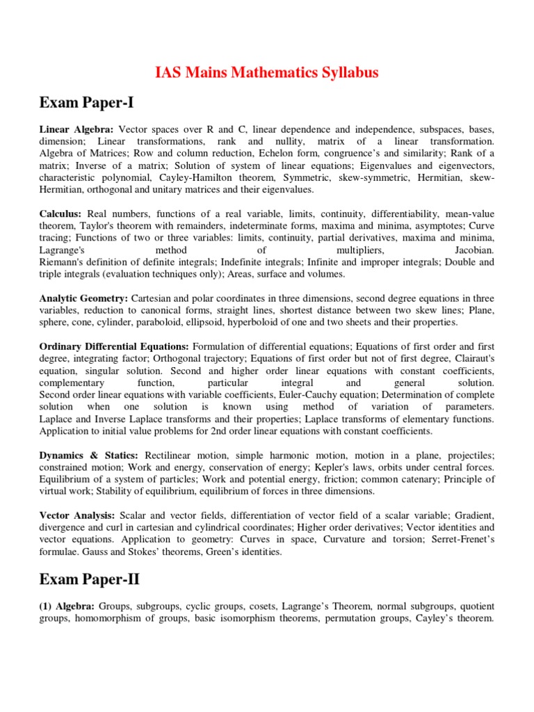 IAS Mains Mathematics Syllabus | PDF | Equations | Integral
