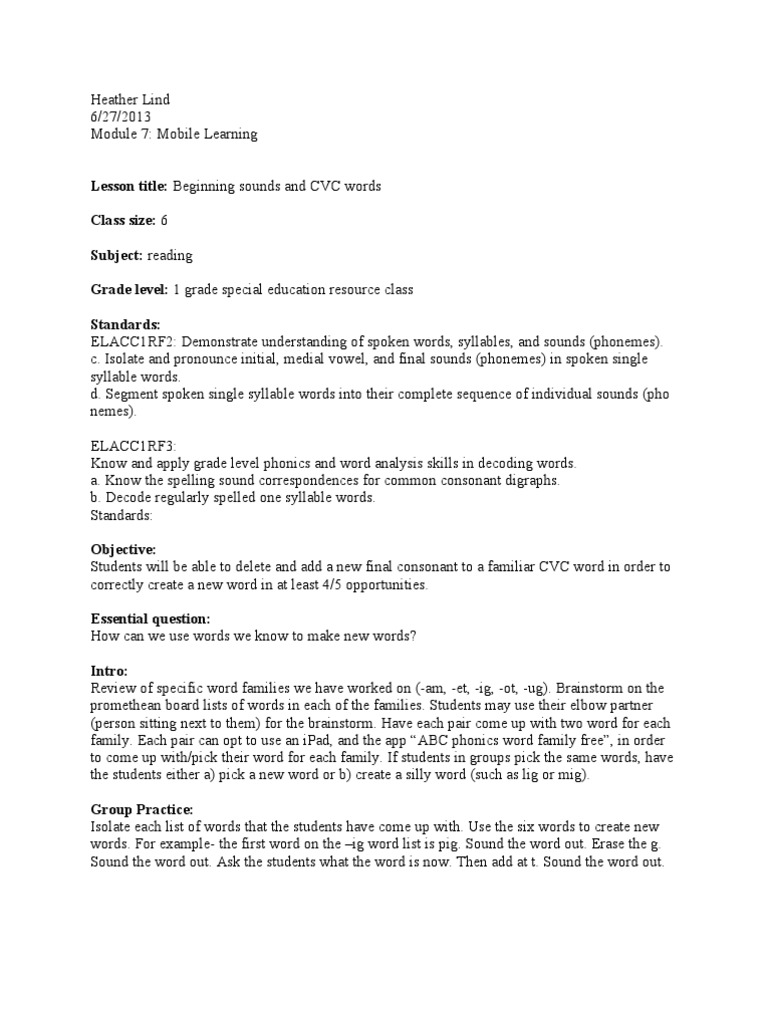 Mobile Learning Lesson Plan | PDF | Phonics | Syllable